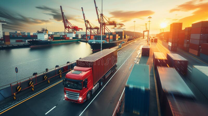 Logistics, Container Cargo Ship Transportation with Working Crane Bridge in Deep Sea Port for ...