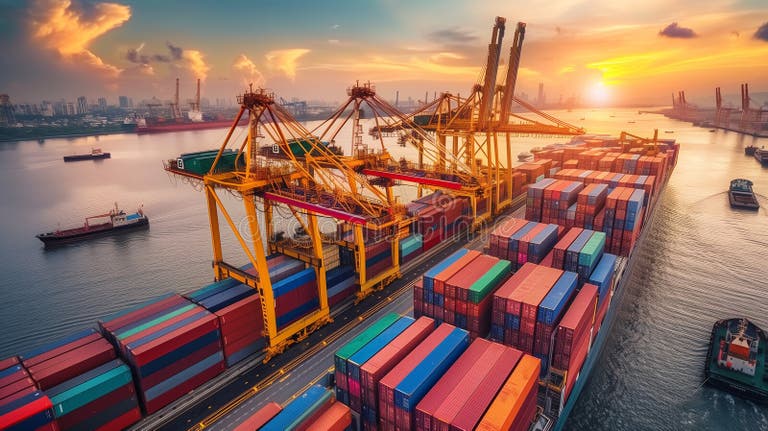 Logistics, Container Cargo Ship Transportation with Working Crane ... Logistics, Container Cargo Ship Transportation with Working Crane ...