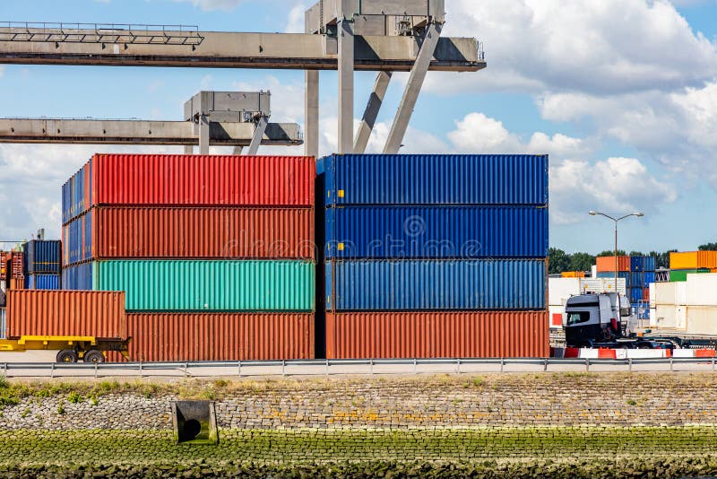 Logistics Containers at Rotterdam Harbor, Netherlands. Industrial Cargo ...
