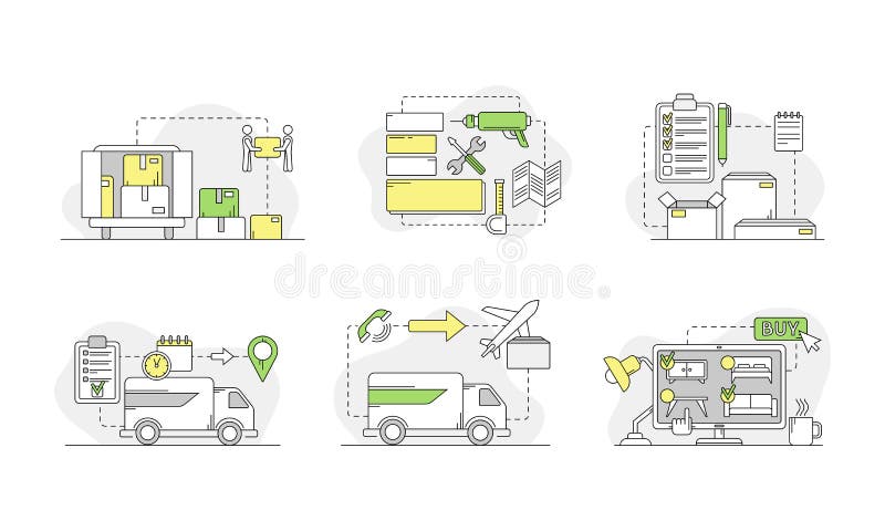 Logistics and Delivery Service Set. Packaging, Processing, Storage ...