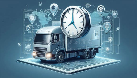Logistics and Delivery a Stylized Truck with a Clock and a Map S Stock ...