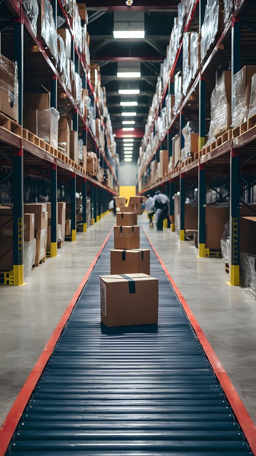 Logistics Efficiency Cardboard Boxes Move Along Warehouse Conveyor Belt Stock Illustration ...
