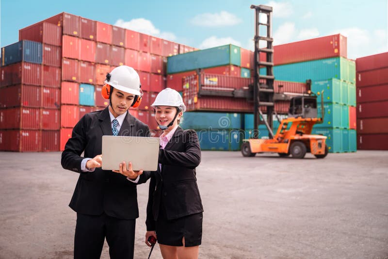 Logistics Engineer Control at the Port, Loading Containers for Trucks ...