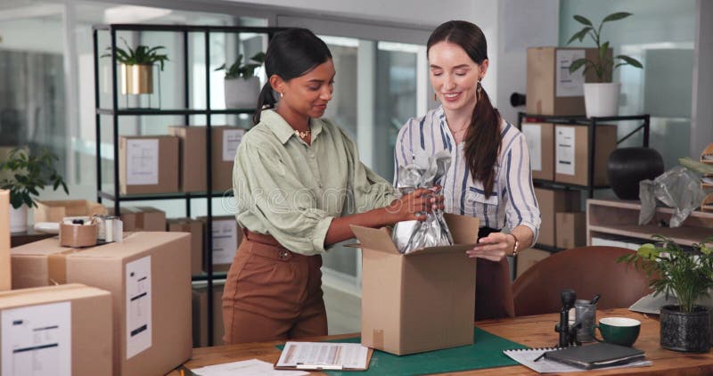 Logistics, Entrepreneur and People with Boxes, Packaging and Preparing for Order in Warehouse ...