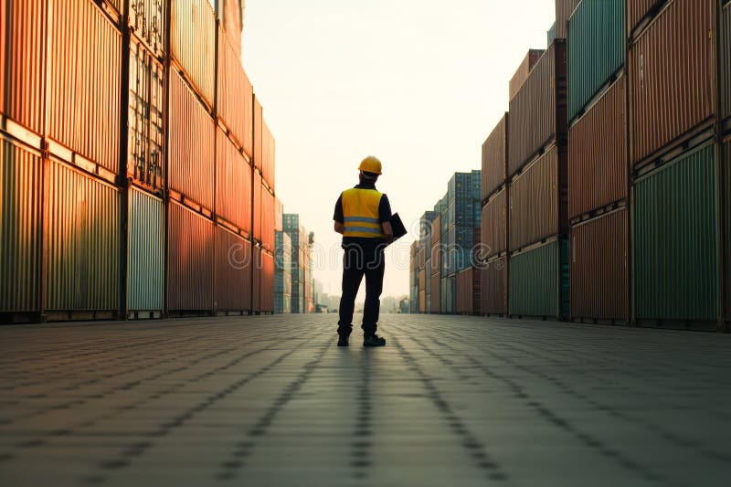 Logistics Foreman Controlling Large Containers Stacked in a Port. Back ...