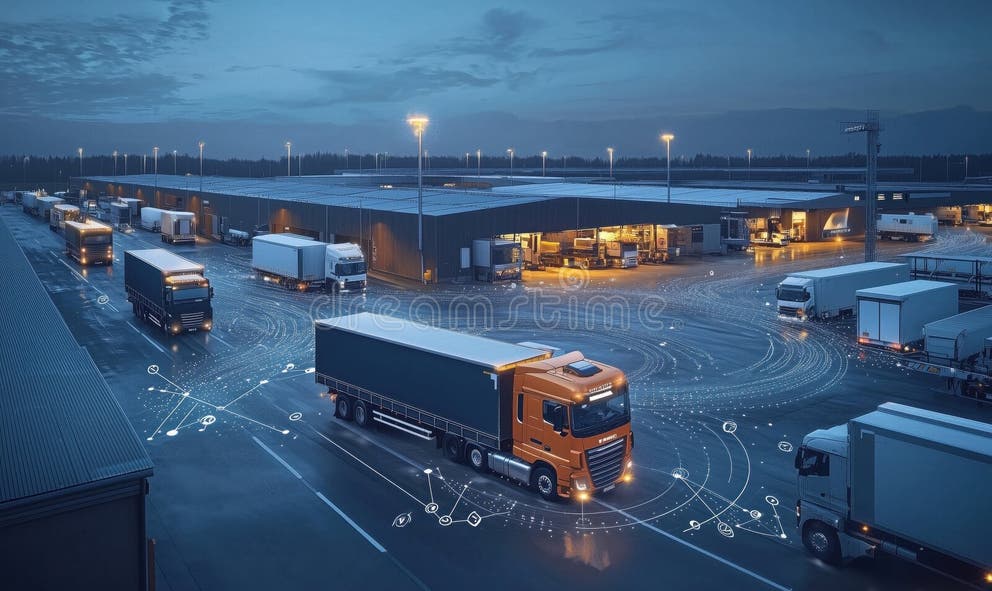 Logistics Hub at Night with Trucks and Digital Connectivity for ...