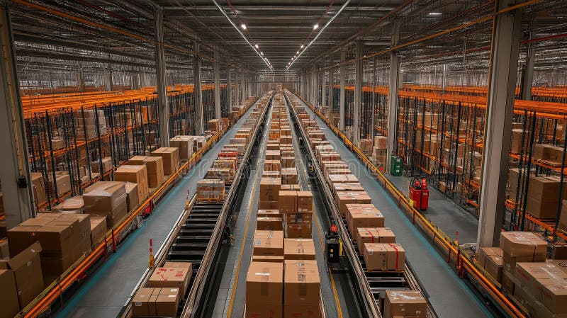 Logistics Hub with Packages Being Sorted Rapidly by Machines Stock ...