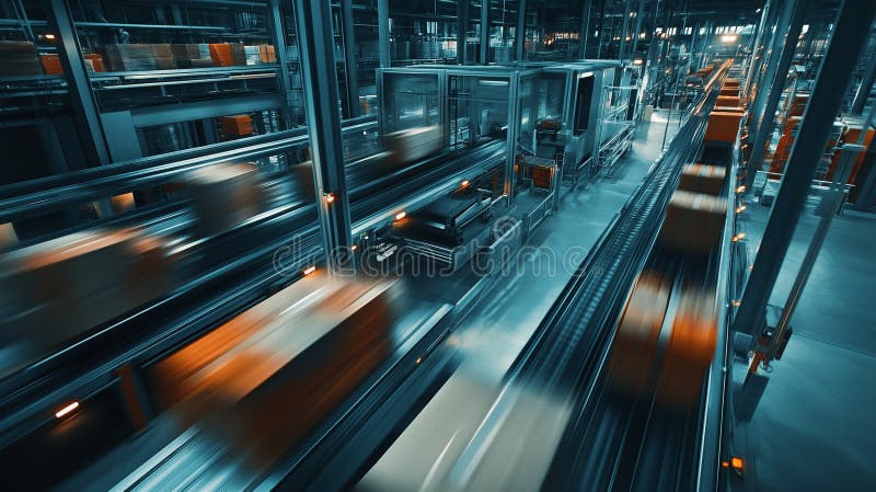 Logistics Hub with Packages Being Sorted Rapidly by Machines Stock ...