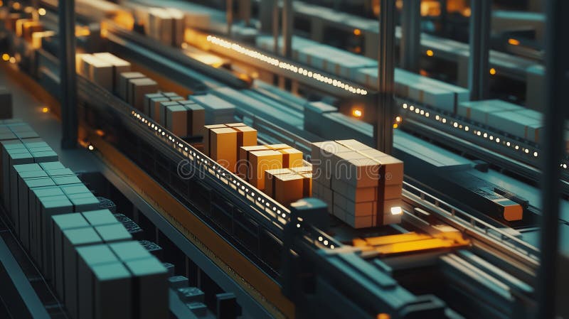 Logistics Hub with Packages Being Sorted Rapidly by Machines Stock ...