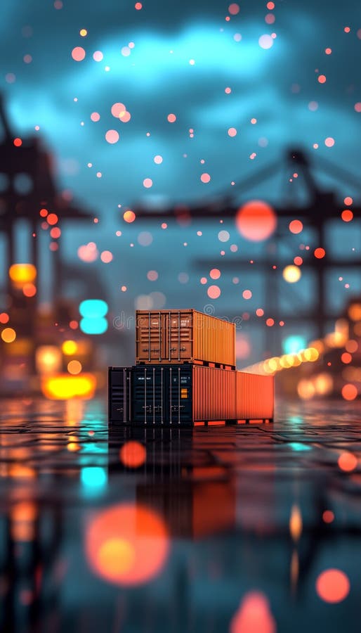Logistics Hub, Shipping Containers Illuminated at Night, Blurred ...