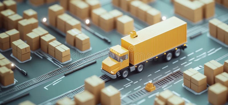 Logistics Hub with Yellow Truck Navigating through Packed Cargo Boxes ...