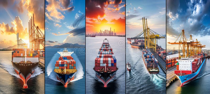Logistics Industry Concept Collage with White Vertical Lines and Bright ...