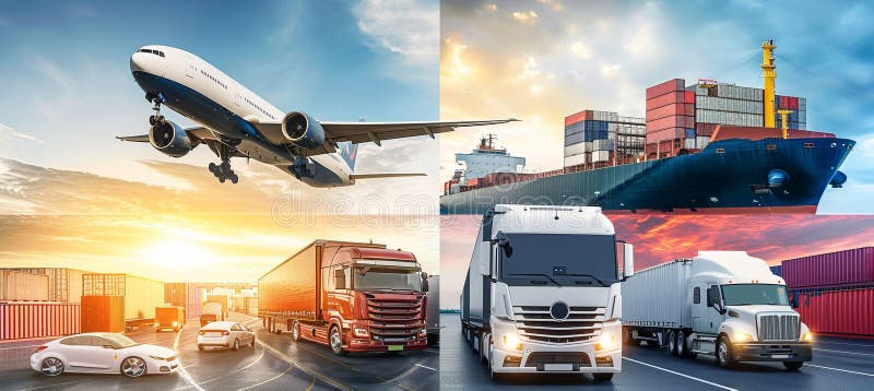 Logistics Industry Concept Collage with White Vertical Lines and Bright ...