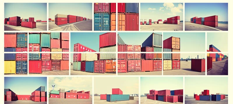 Logistics Industry Concept Collage with White Vertical Lines and Bright ...