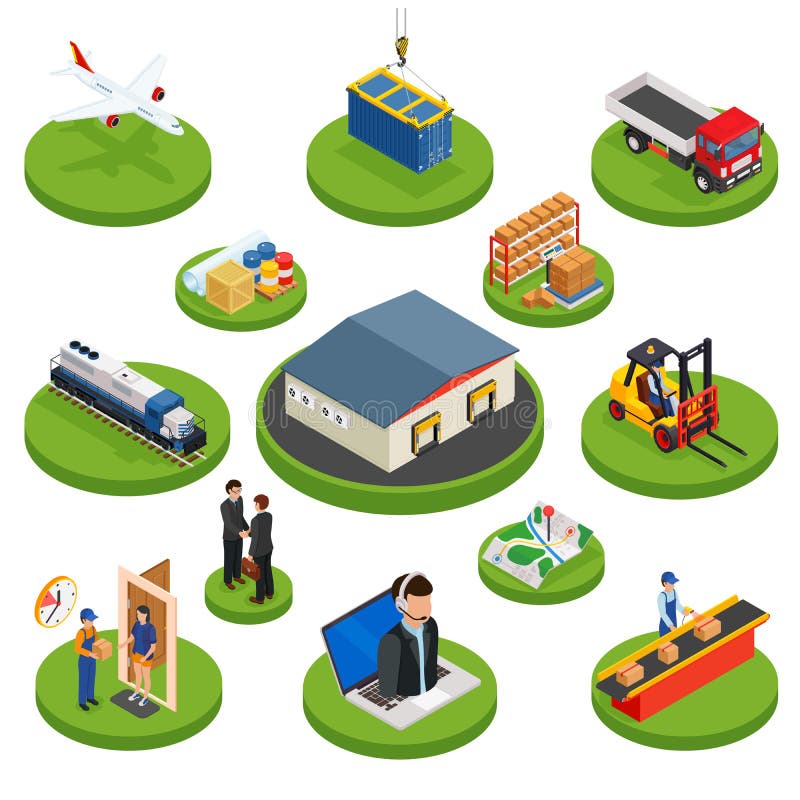 Logistics Isometric Icons Set of Different Transportation Distribution ...