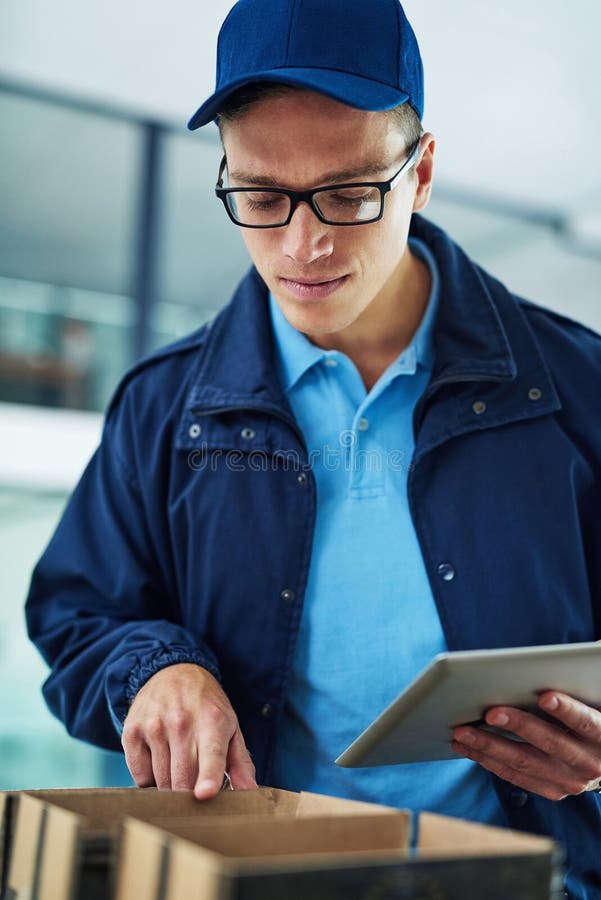 Logistics, Man and Tablet at Boxes for Delivery, Checklist and ...
