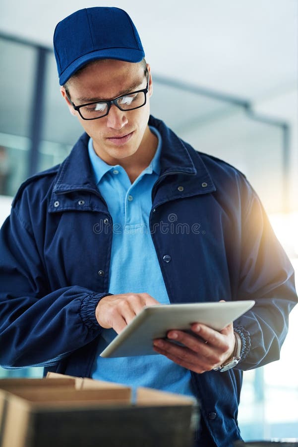 Logistics, Man and Tablet in Office for Checklist, Delivery and Inspection for Customer Service ...