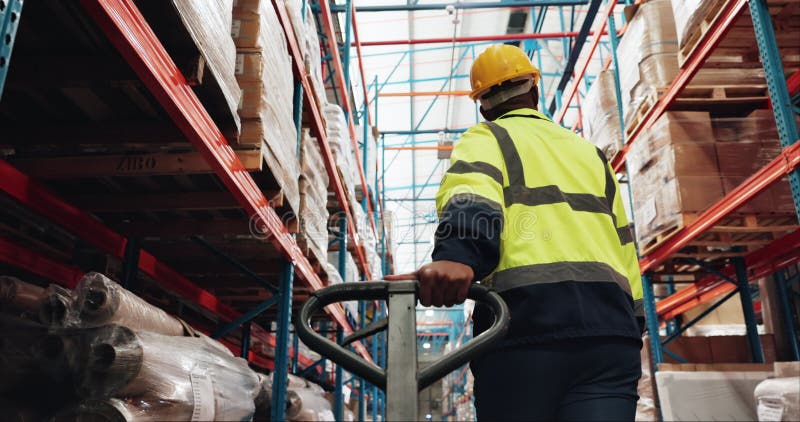 Logistics, Man or Worker with Pallet Jack in Warehouse for Package ...