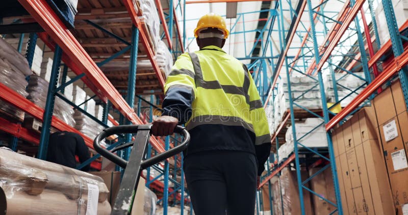 Logistics, Man or Worker with Trolley in Warehouse for Package ...