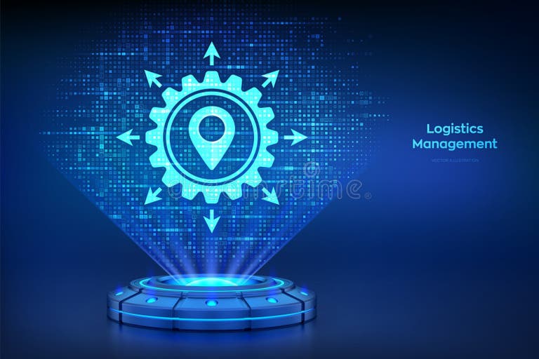 Logistics Management. Holographic Platform with Glowing Rays Projecting ...