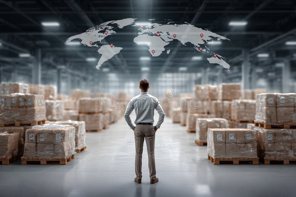 Logistics Manager Analyzing Holographic Supply Chain Data Warehouse Filled with Stacked Boxes ...