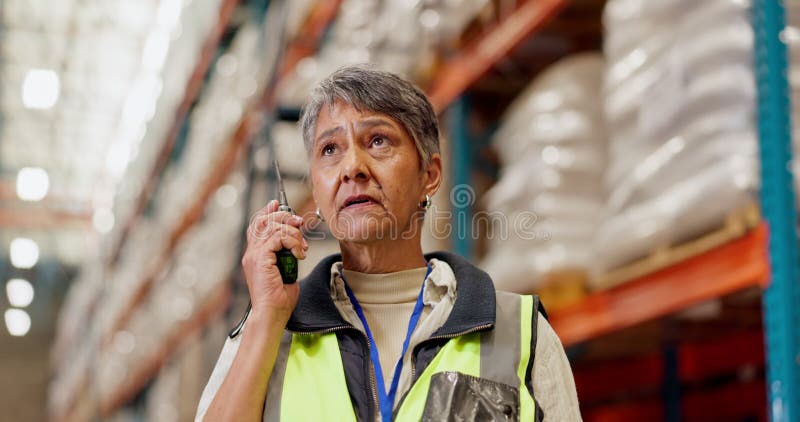 Logistics, Mature and Woman in Warehouse with Radio, Communication and ...