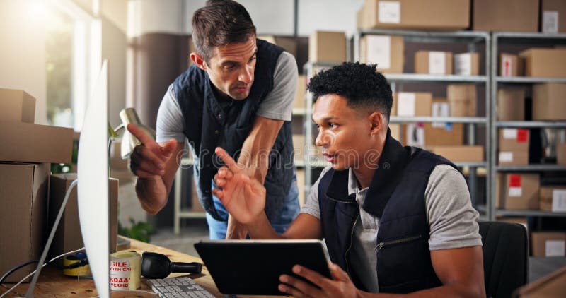 Logistics, Men and Computer with Tablet for Discussion, Checking Stock ...