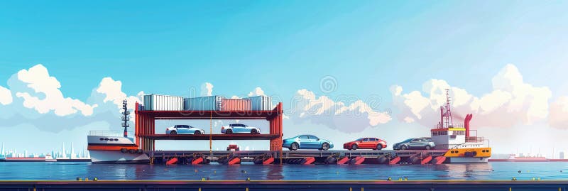 Logistics Operation with an Auto Carrier Loading Finished Vehicles at a ...