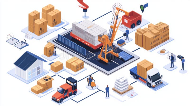 Logistics Operation Scene with Workers Vehicles and Shipping Containers ...