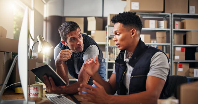 Logistics, People and Computer with Tablet for Discussion, Checking ...