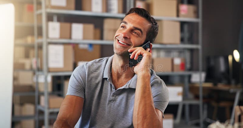 Logistics, Phone Call and Smile with Man in Warehouse for Communication ...