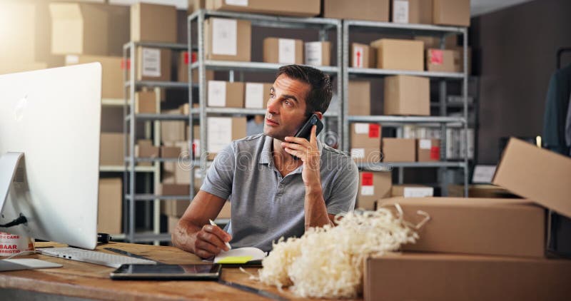 Logistics, Phone Call and Warehouse with Man in Distribution Depot for ...