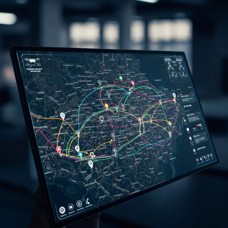 Logistics Software Displaying City Map with Planned Drone Delivery ...