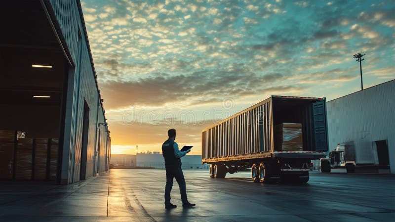 Logistics Supervisor Overseeing Shipment at Sunset Stock Illustration ...