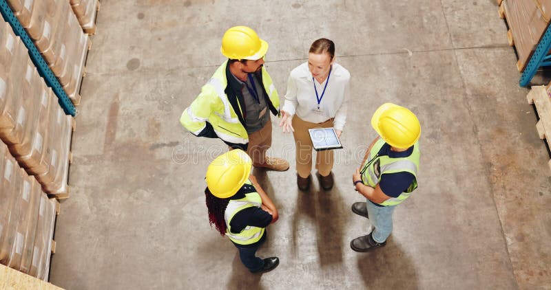 Logistics, Tablet and Industrial People with Teamwork for Warehouse ...