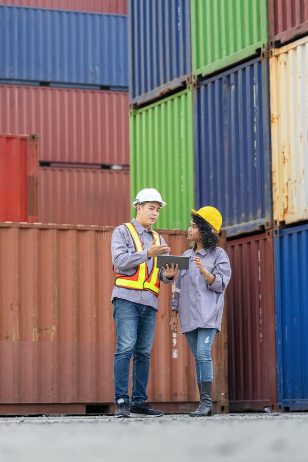 Logistics Team Discussion at Shipping Yard, Container Yard Workers and ...