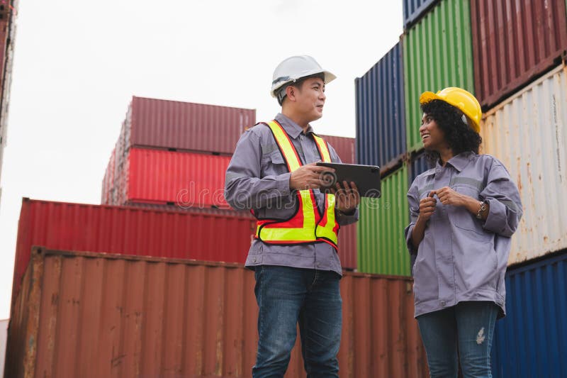 Logistics Team Discussion at Shipping Yard, Engineer and Foreman Worker ...