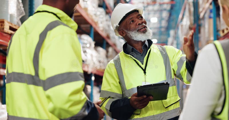 Logistics, Team and Supervisor with Tablet in Warehouse for Inspection ...