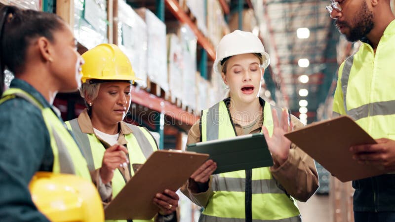 Logistics, Teamwork and Tablet with Meeting in Warehouse for Inspection ...