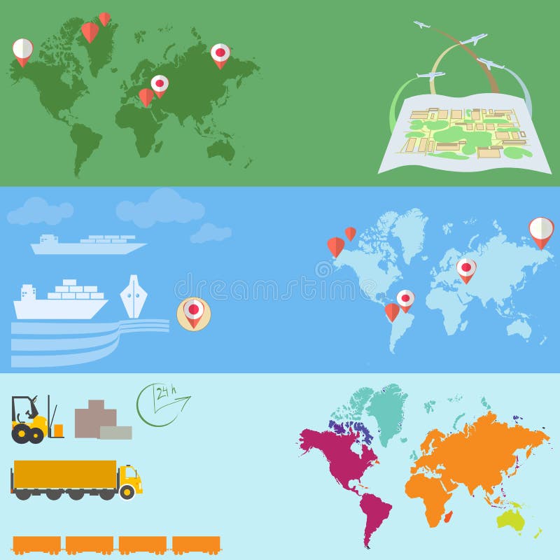 Logistics, Delivery, Transportation Banners. Sea Shipping, Railway ...