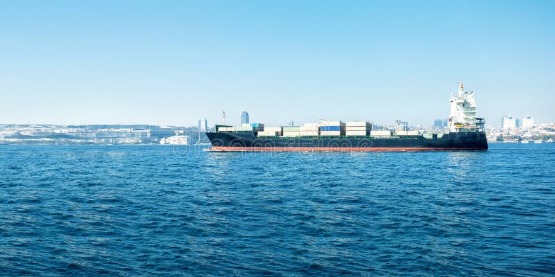 Container Cargo Ship in the Ocean. Banner Stock Image - Image of ocean ...