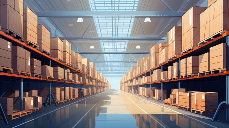 Logistics, Warehouse Interior with Worker Driving Forklift and ...