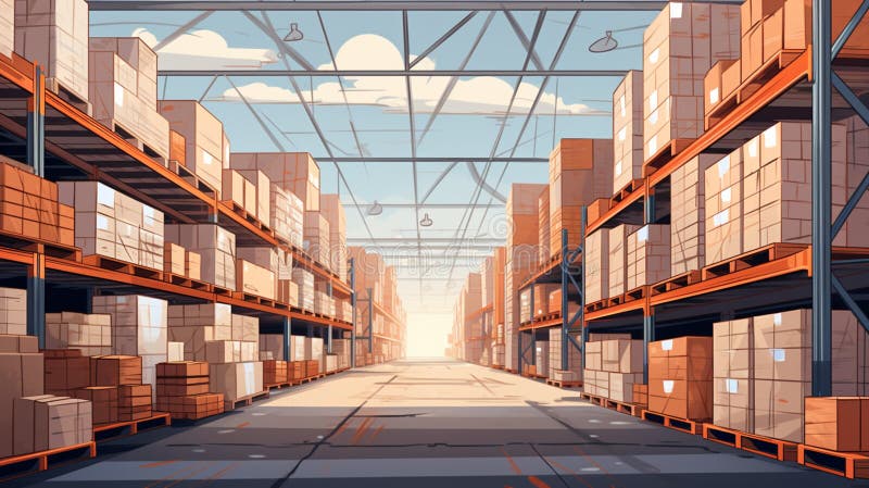 Logistics, Warehouse Interior with Worker Driving Forklift and ...