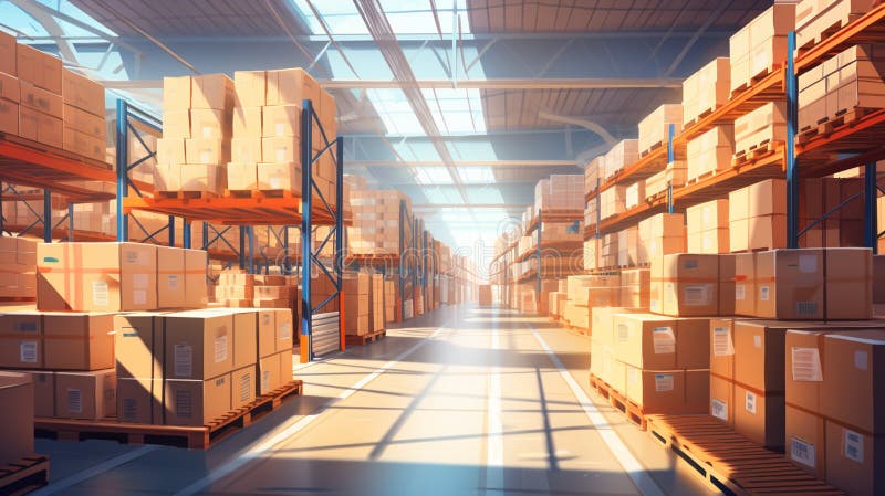 Logistics, Warehouse Interior with Worker Driving Forklift and ...
