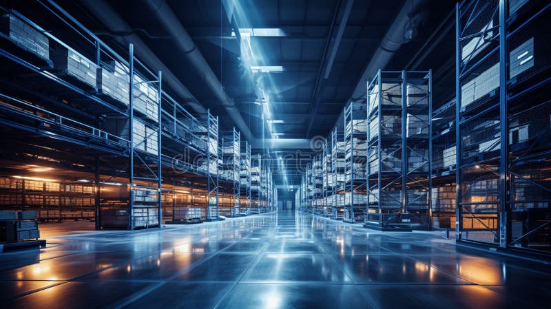 Logistics, Warehouse Interior with Worker Driving Forklift and ...