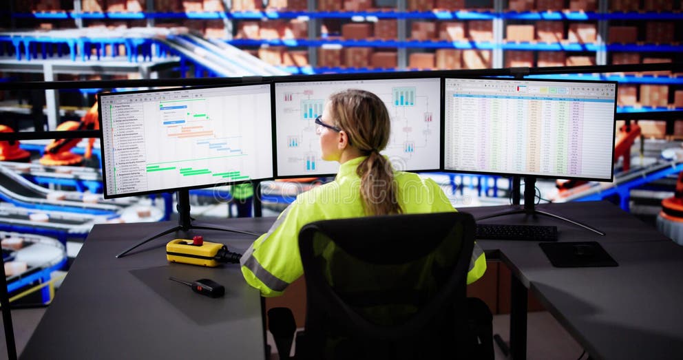 Logistics Warehouse Manager Using Desktop Computer Stock Image - Image ...