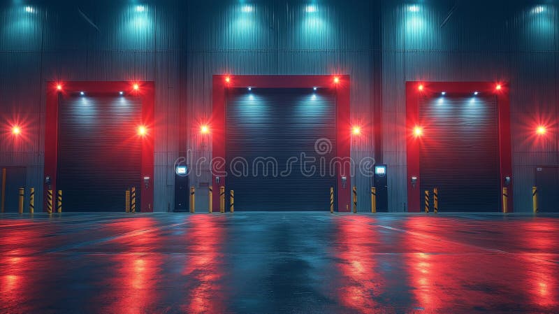 Logistics Warehouse at Night with Illuminated Loading Bays and Shiny ...