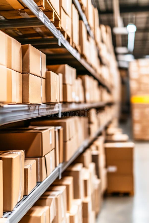 Logistics Warehouse. Stacked Cardboard Boxes on Shelves Stock ...