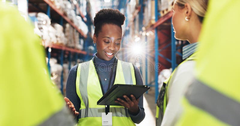 Logistics, Woman and Tablet in Warehouse for Management, Discussion and ...