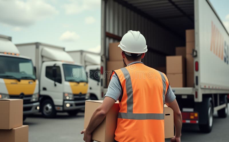 Logistics Worker Carrying a Box in a Warehouse with Trucks in the ...